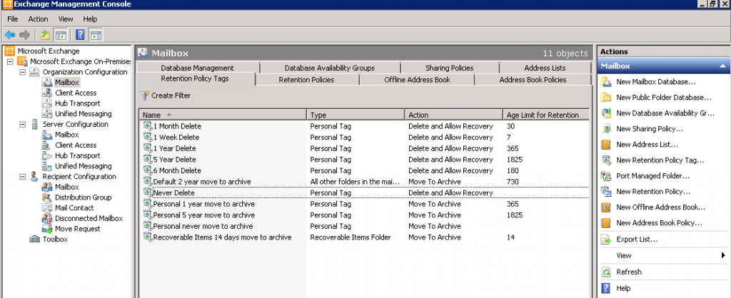 Exchange 2010: Retention Tags and Policies – ExchangeOnline